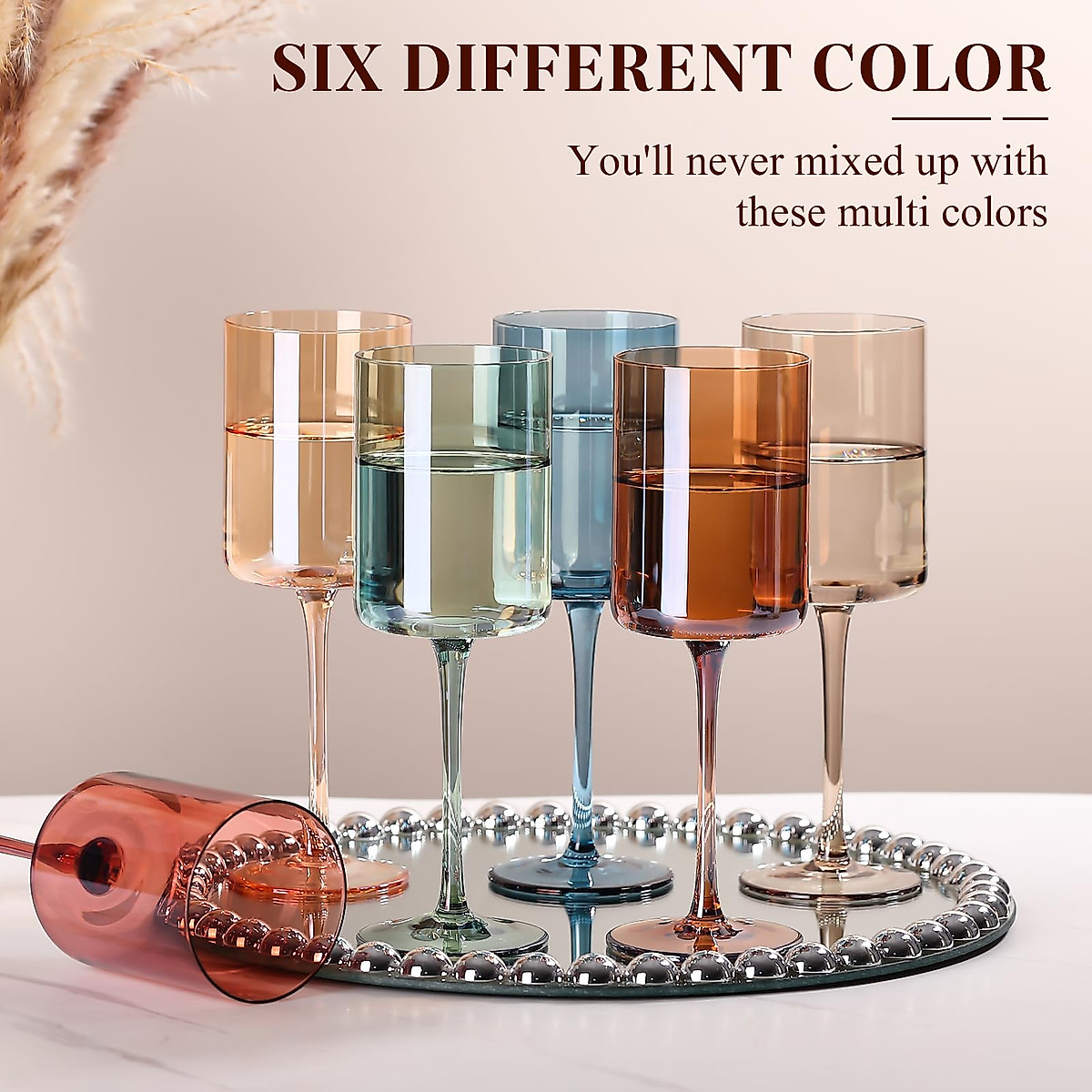 Colored Wine Glasses Set 6-14oz Multi Colored Square Wine Glasses with Tall Long Stems, Hand Blown Crystal Colorful Wine Glasses, Unique Wine Glasses for Christmas Thanksgiving