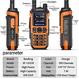 2 Pack BaoFeng UV-21R (Upgrade of UV-5R) Ham Radio Handheld Long Range Walkie Talkies UHF VHF Dual Band 2-Way Radio Full Kit with Type-C Cable,High Gain Orange Antenna and Programming Cable
