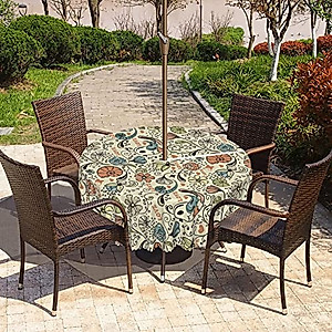 Lirduipu Animal Pattern Round Outdoor Tablecloth,Round Table Cloth Washable Water Resistance Tablecloth with Umbrella Hole Zippered,for Umbrella Table Patio Garden(52" Round,Eggshell and Multicolor)