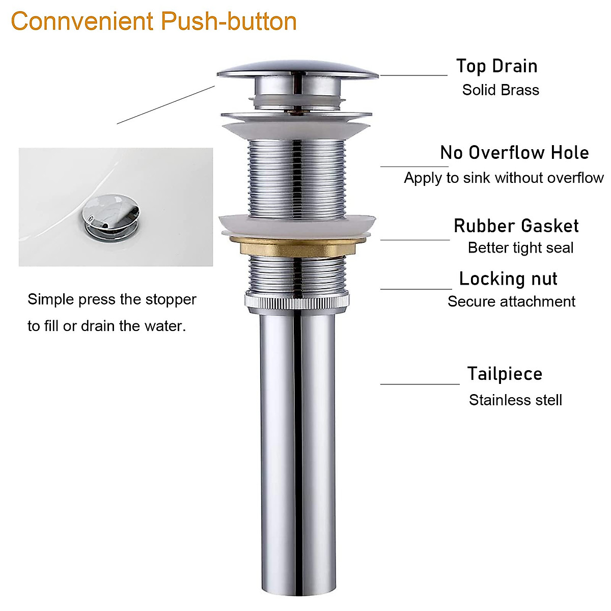 YCCUZA Bathroom Faucet Vessel Pop Up Sink Drain Without Overflow Chrome Drain Stopper No Overflow Pop Up Sink Drain for Bathroom Faucet Vessel Vanity Sink