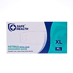 Safe Health Blue Nitrile Exam Gloves, 90-Count S M L XL, 3.5 Mil Free of Powder-Latex, Disposable-Textured, Clinic-Office-Daily, Medical, First-Aid, Clinics, Extra-large (Xl) Box 90, FIY1064G