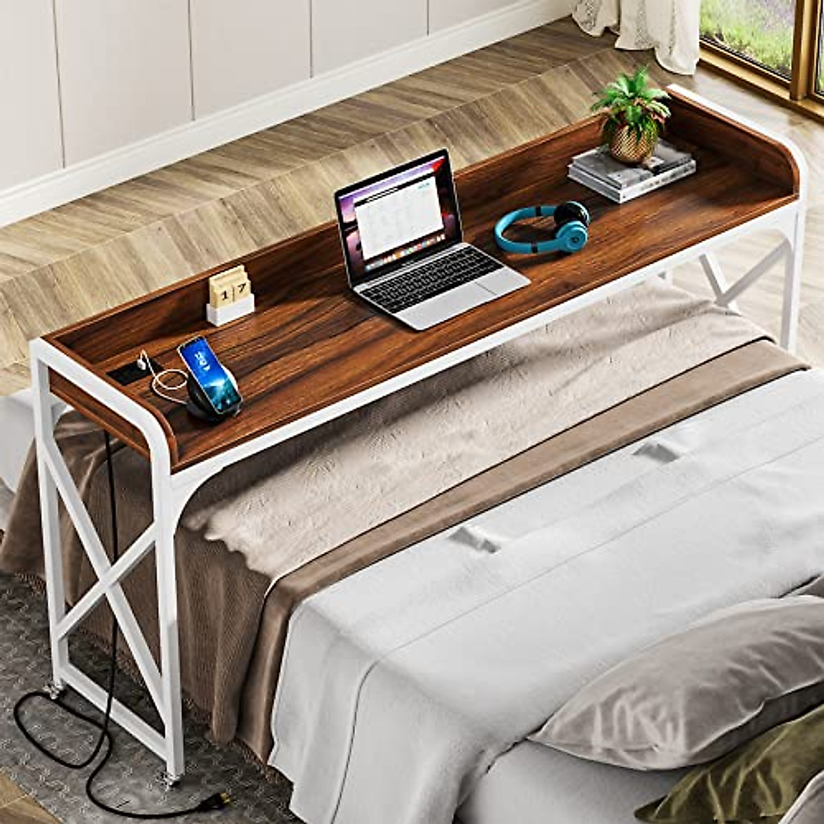 Tribesigns Over Bed Table with Wheels, 70.8" Overbed Desk with Outlet & USB, Mobile Queen Size Bed Table with White Metal Legs for Bedroom, Rolling Tray Table for Living Room, Hospital, Dark Walnut