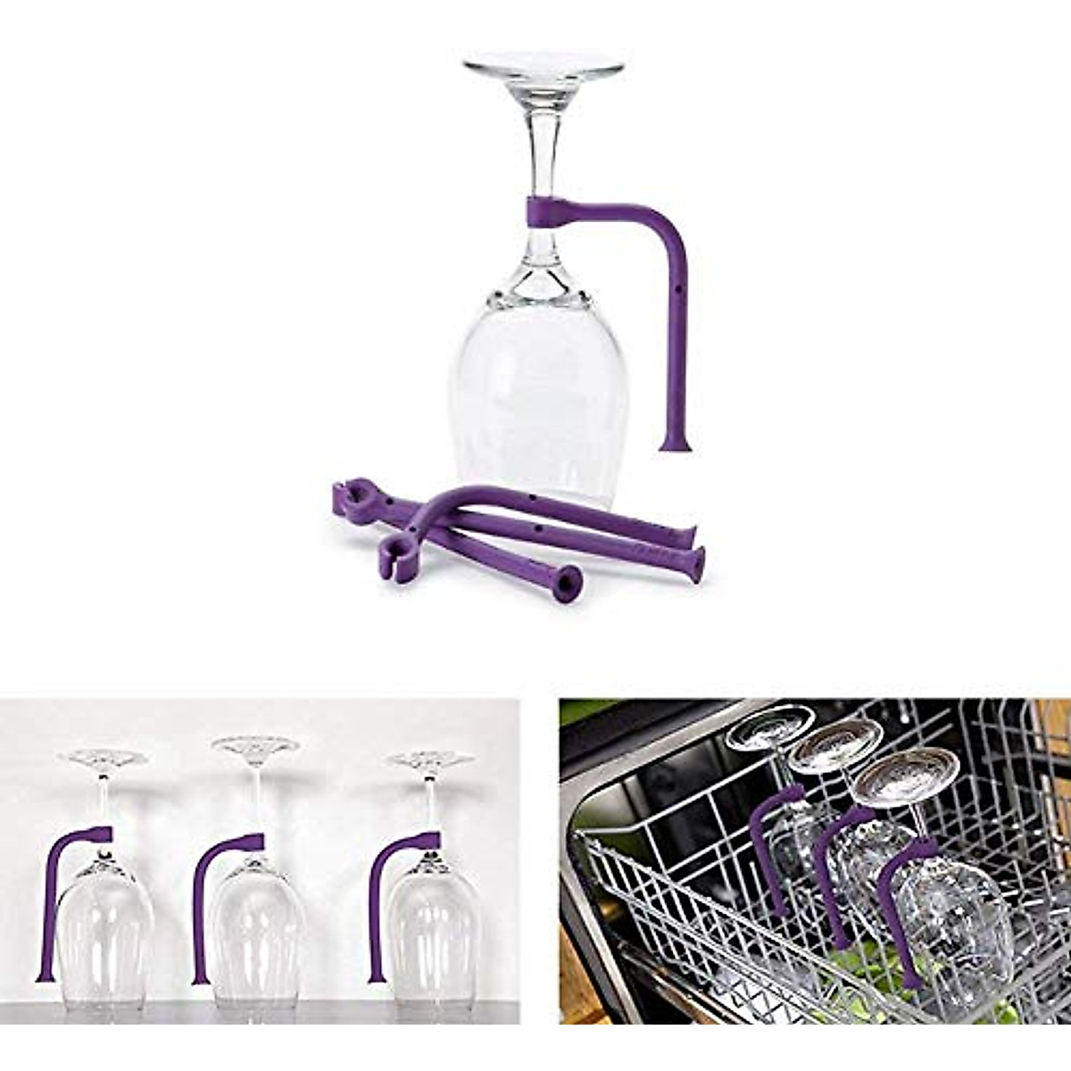 Stemware Saver,Silicone Wine Glass Holder,4 Flexible Dishwasher Attachments Set for Wine or Champagne Glasses (Purple), PIBM