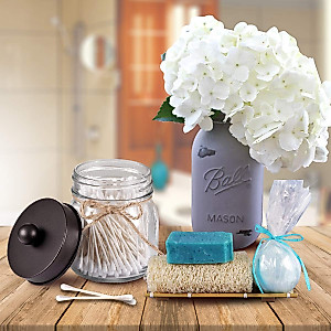SheeChung Small Mason Jars for Qtips, Bathroom Apothecary Jars with Lids, Bathroom Organizers and Storage, Qtip Holders Set, Bathroom Decor for Q-tips, Cottons, Floss, Balls, Cotton Swabs-Bronze