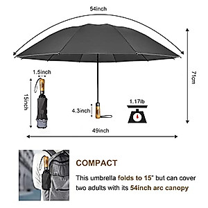 LEAGERA Sun Umbrella UV Protection Compact Windproof Reverse Umbrella for Rain - 54 inch Portable Automatic Open and Close Folding Inverted Car Travel Umbrella with Wooden Handle for Men,Black