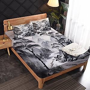 Full Size Sheet Sets - Japanese Bed Sheets, Oriental Ink Painting Bedding Sheets & Pillowcases, Soft Microfiber & Deep Pocket & Wrinkle Free Sheet Set, 1 Fitted Sheet, 1 Flat Sheet, 2 Pillow Cases