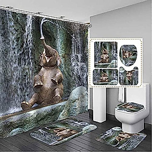 Elephant 4-Piece Set Shower Curtains Waterproof, Animal 3D Shower Curtain Set, with Non-Slip Rug, Toilet Lid Cover and Bath Mat, for Bathroom Decoration with 12 Hooks-65'' X 72''