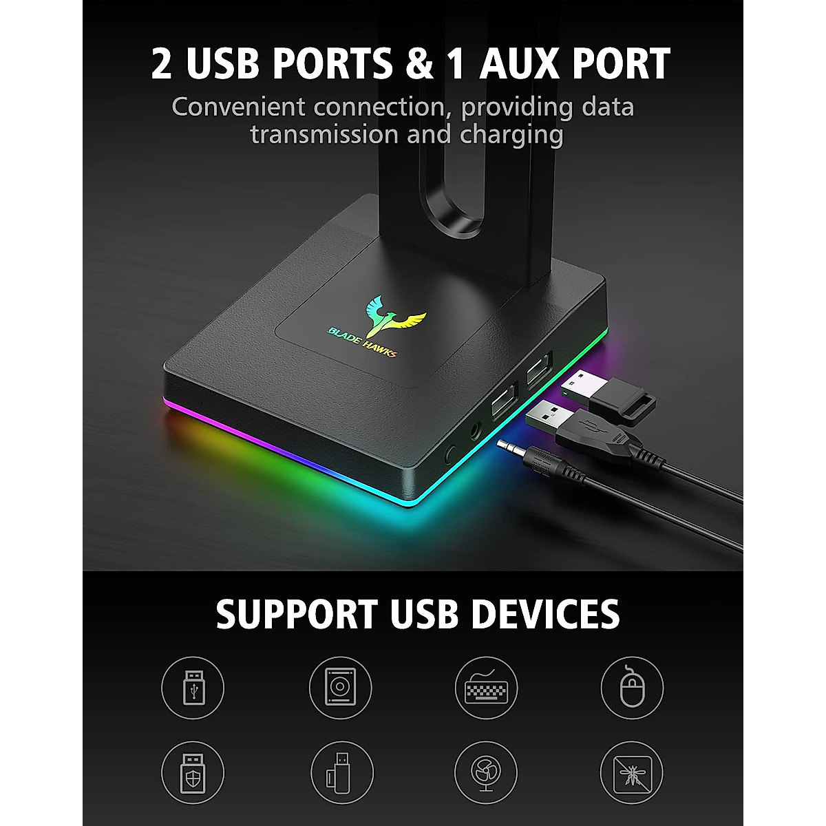 Blade Hawks RGB Gaming Headphone Stand with 3.5mm AUX and 2 USB Ports, Durable Headset Stand Holder for Bose, Beats, Sony, Sennheiser, Jabra, JBL, AKG, Fancy Gaming Accessories - HS18 (Only for PC)