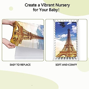 Eiffel Tower Themed Fitted Mini Crib Sheets,Portable Mini Crib Sheets Toddler Bed Mattress Sheets - Baby Crib Sheets for Girl or Boy,24“ x38“,Blue Yellow