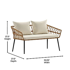 Flash Furniture Evin Boho 4 Piece Patio Conversation Set - Natural Rope Rattan - Cream All-Weather Cushions - Tempered Glass Top Coffee Table - Indoor/Outdoor