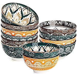 Foraineam 12 Pack Porcelain Bowls, 10 Ounces Small Bowl Set, Colorful Floral Round Bowl for Soup, Ice Cream, Snacks, Rice, Salad, Fruits, Side Dishes, Dishwasher and Microwave Safe
