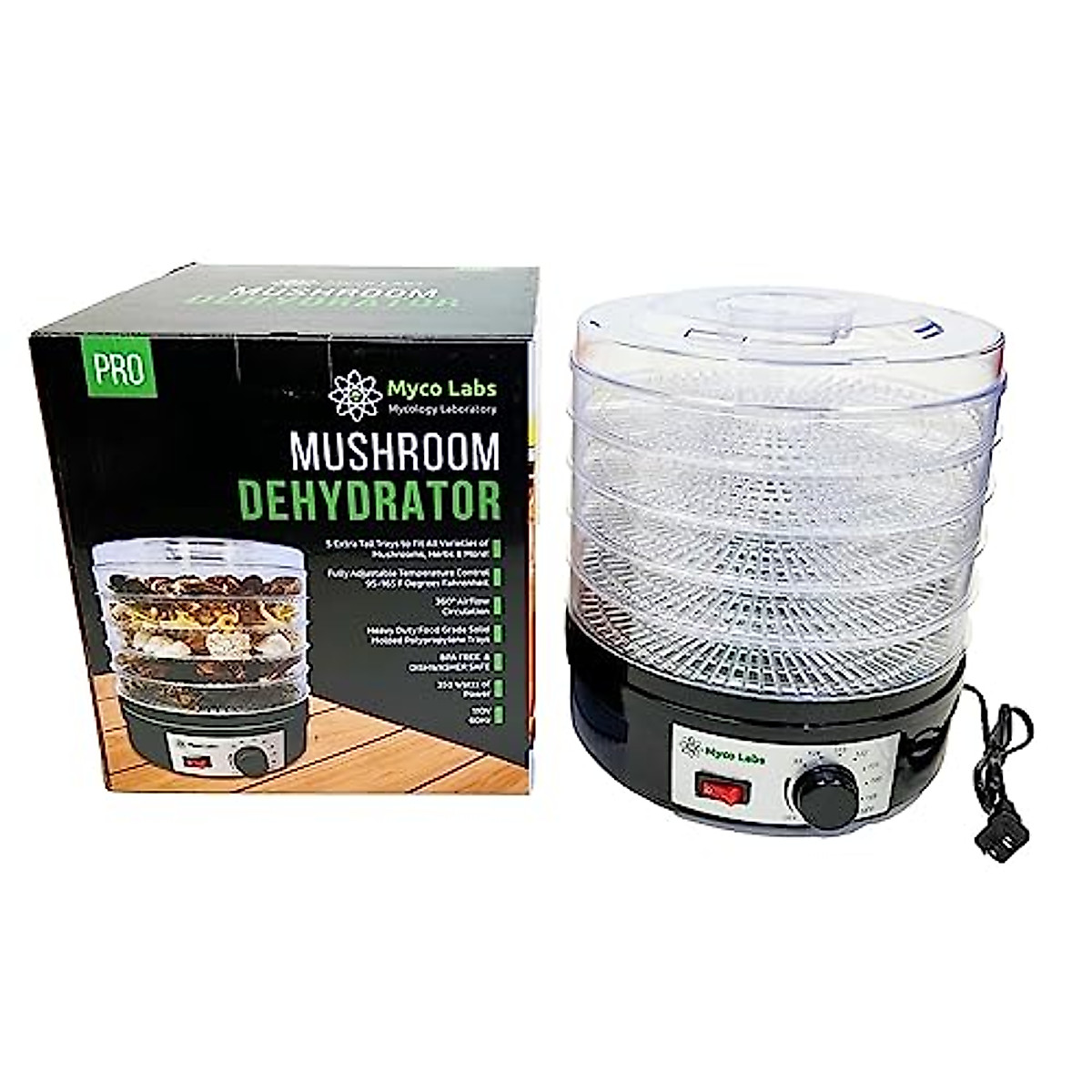 Myco Labs 350 Watt Mushroom Dehydrator with Adjustable Temperature Control and Extra Tall Trays