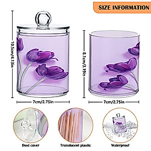 Kigai 2PCS Purple Tulips Qtip Holder Dispenser with Lids - 14 oz Bathroom Storage Organizer Set, Clear Apothecary Jars Food Storage Containers, for Tea, Coffee, Cotton Ball, Floss