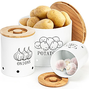 WUWEOT 3 Pack Vegetable Storage Tins, Round Metal Potato Onion Garlic Storage Bins, Farmhouse White Kitchen Canisters Vegetable Fresh Keeper Set with Bamboo Lids and Aerating Holes