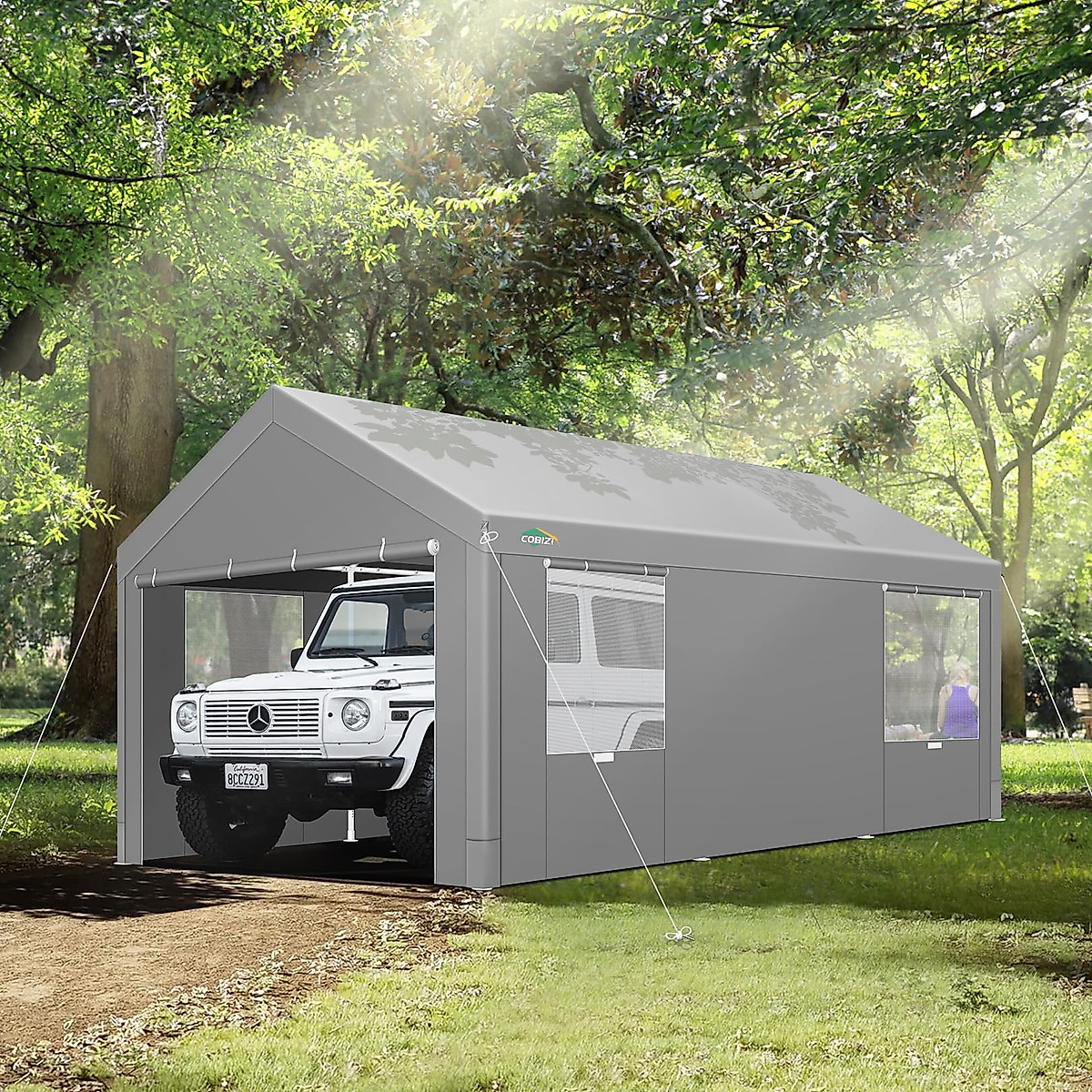 COBIZI Carport 10'x20' Heavy Duty Portable Garage, Upgraded Car Canopy with Removable Sidewalls, Ventilated Windows & Built-in Sandbags, Waterproof All-Season Tarp, Car Tent for Truck, Boat, Gray