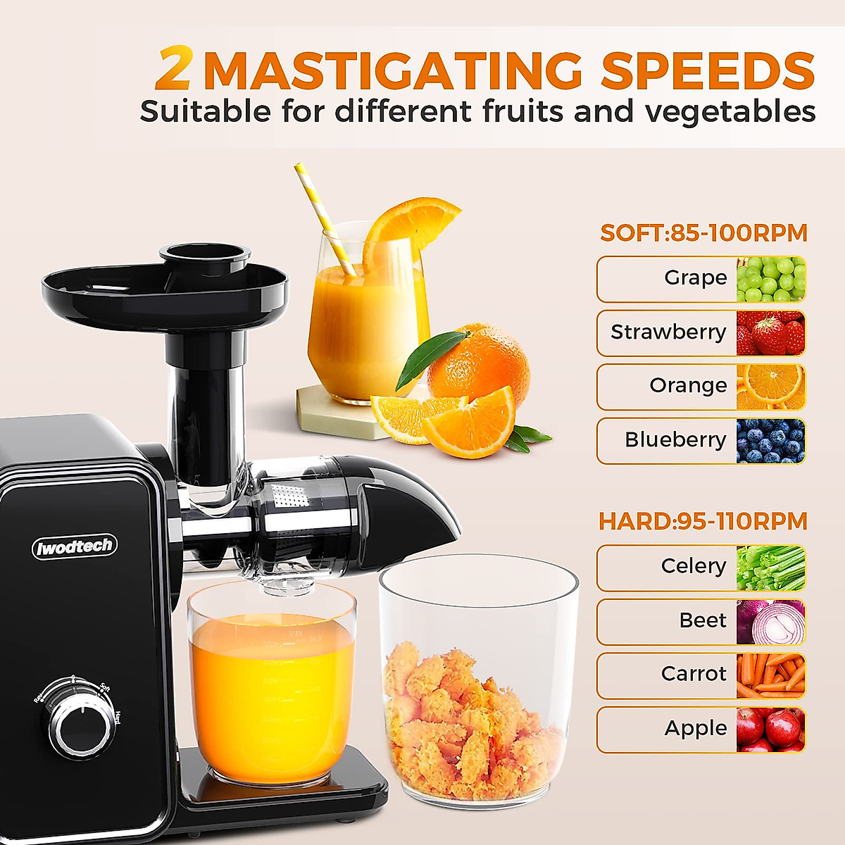 IWODTECH Juicer Machine, Cold Press Juicer with 2 Speed Modes, Slow Masticating Juicer Vegetable and Fruit, Celery Juicer, BPA-Free, Easy to Clean, Black