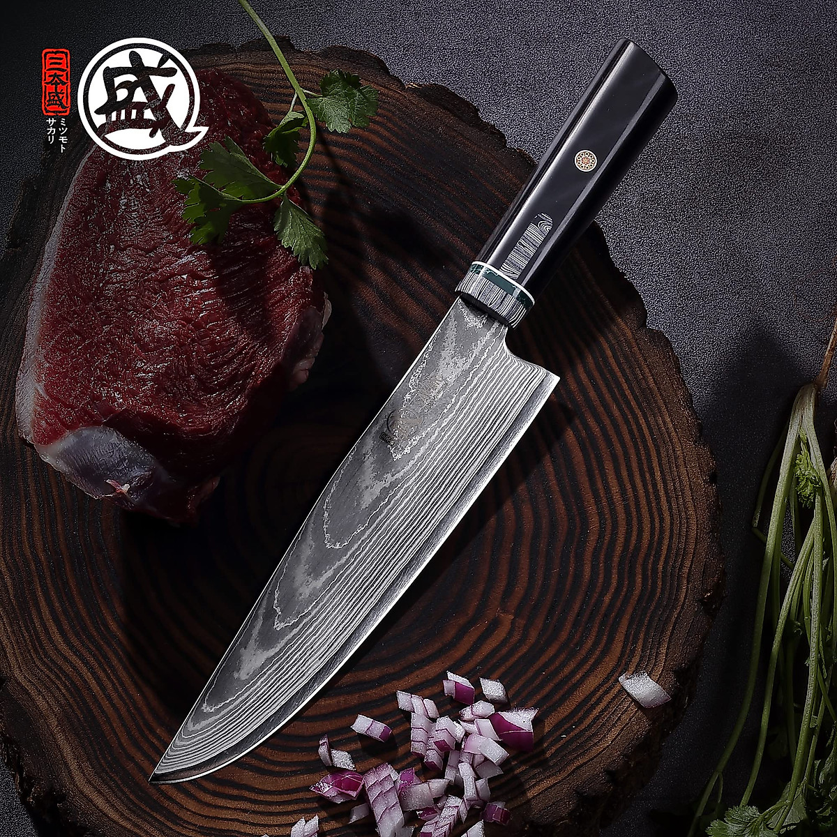 MITSUMOTO SAKARI 7 inch Japanese Gyuto Chef Knife, Hand Forged Professional Kitchen Knife, Damascus HAP40 Steel Powder Chef's Knife (Micarta Handle and Sandalwood Box)