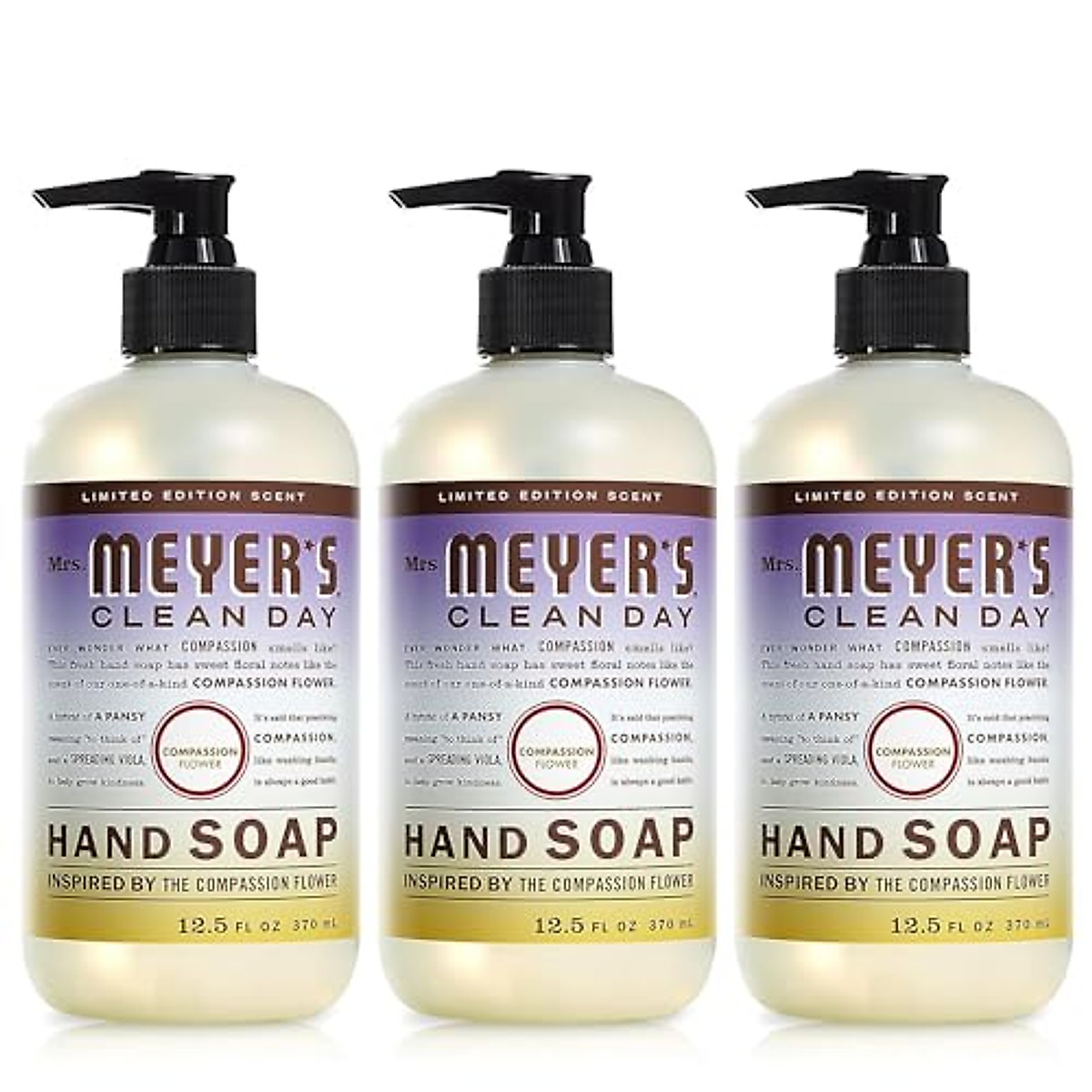 MRS. MEYER'S CLEAN DAY Hand Soap, Made with Essential Oils, Biodegradable Formula, Compassion Flower, 12.5 fl. oz - Pack Of 3
