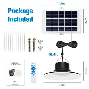 NIORSUN Solar Lights Outdoor, LED Solar Pendant Light 3000K|4000K|5000K| Dimmable Lighting with Remote Control, 16.4ft Cable IP66 Waterproof for Patio, Garage, Camp, Chicken Coop, Shed Barn