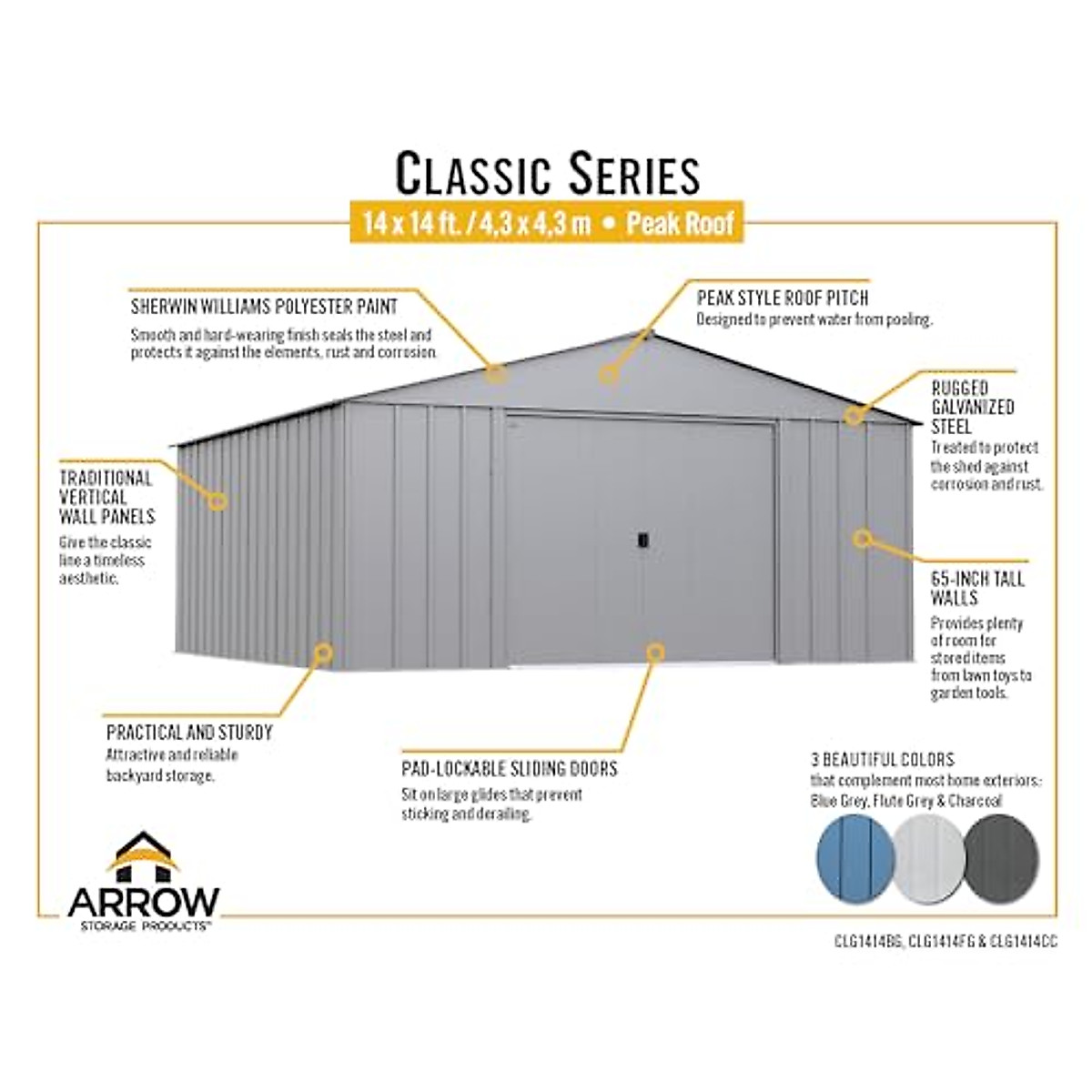 Arrow Classic Metal Shed, 14 x 14, Flute Grey
