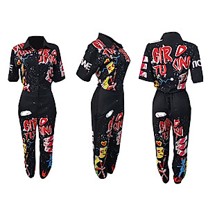 LKOUS Women's Casual Cartoon Printing Short Sleeve High Waist One-piece Button PlaySuit JumpSuit Romper, Black, XX-Large