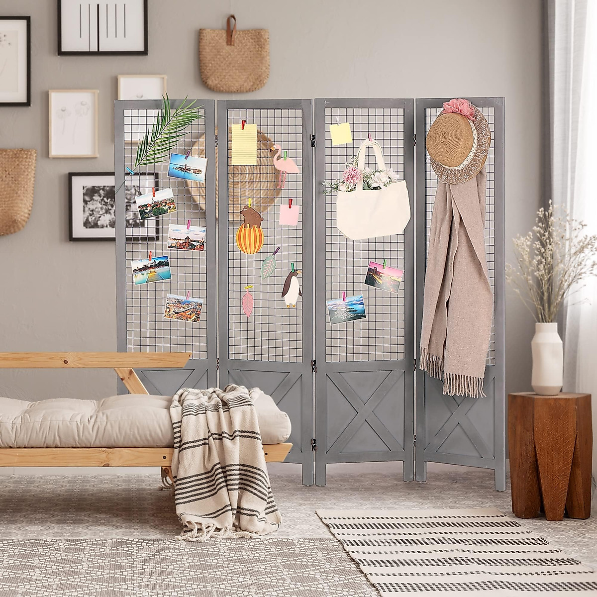 Wnutrees 4 Panel Gridwall Display, Portable Freestanding Display Board for Craft/Art Shows, Retail, Events, Decorative Wood Room Divider Folding Screens, Grey