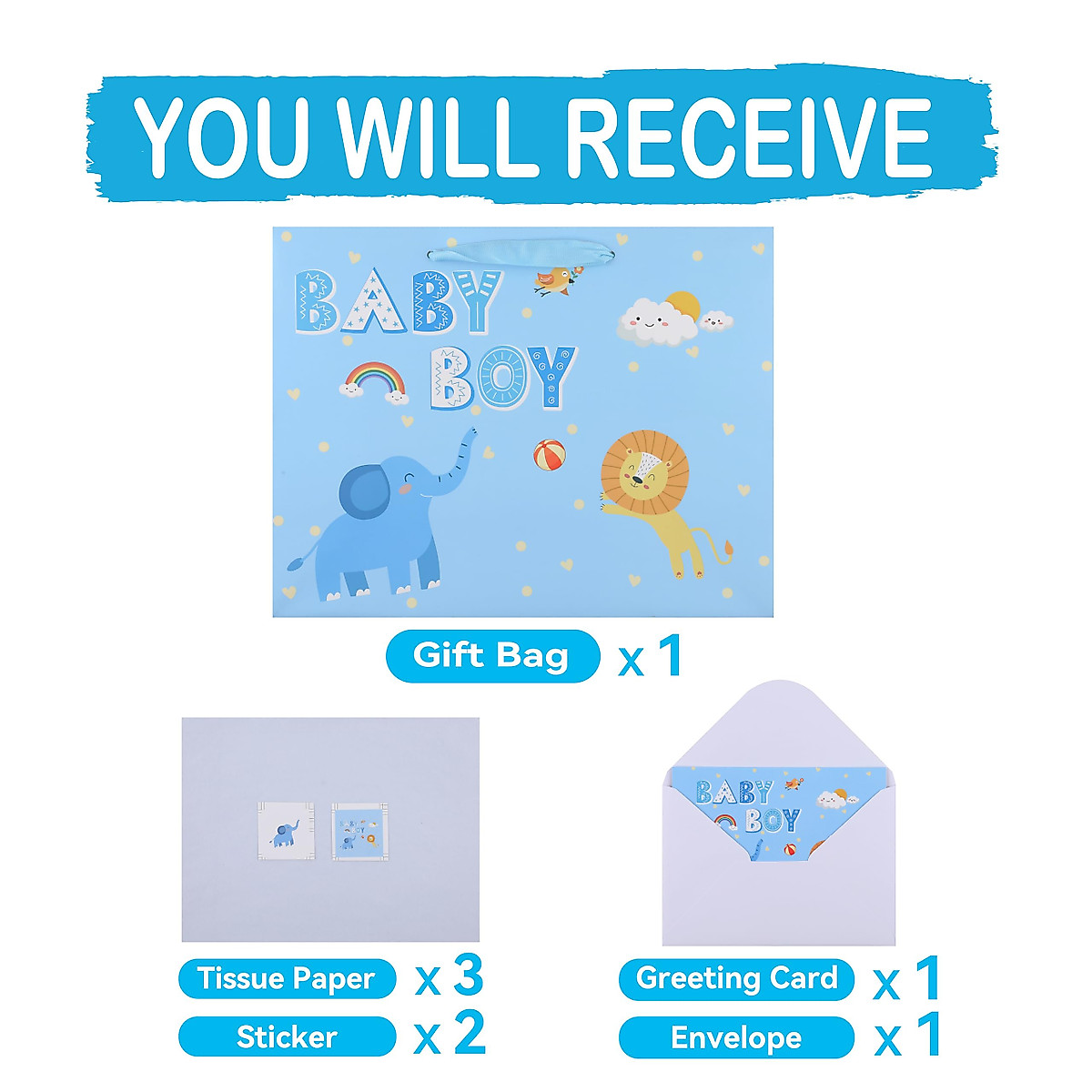 13" Large Blue Gift Bag Set with Greeting Card and Tissue Paper(Elephant and Lion Design) for Baby Boy,Baby Shower,Kids Birthday Party,Newborn,New Moms or Parents - 13” x 5.2” x 10.2”, 1 Pcs.