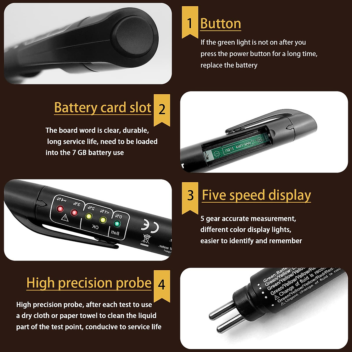 Brake Fluid Test Pen, Auto Brake Diagnostic Tester Tool, Brake Fluid Fluid Oil Test Analysis Tool with Five LED Indicators, Automotive Vehicle Test Tool,DOT 3 DOT 4 DOT 5.1 Brake Fluid Liquid Tester