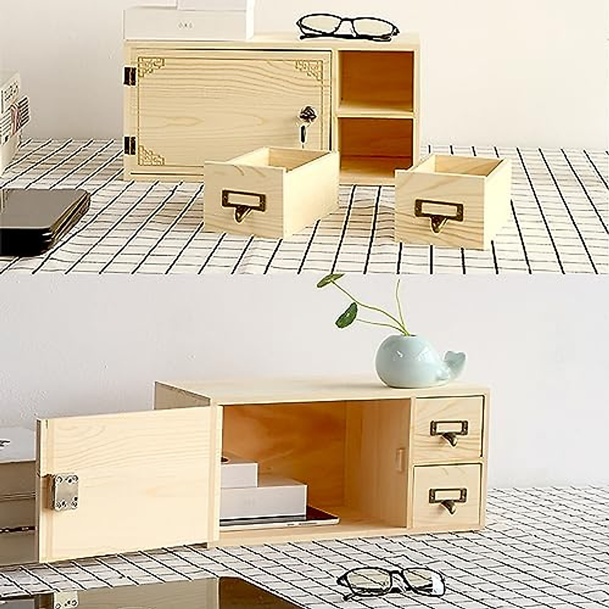 OOCCO Desktop Drawer Cabinet,Flat File Cabinet,Wooden Desktop Storage Box with Lockable Drawers,Wooden File Cabinet/Data Cabinet,for Monitor Stand/Printer Platform