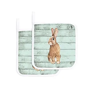 Happy Easter Rabbits 2 Pack Pot Holders Heat Insulation Hot Pads, Cute Cartoon Bunny Washable Oven Pot Holder Set for Kitchen Spring Blue Wood Grain Potholders for Baking Cooking Dining Table