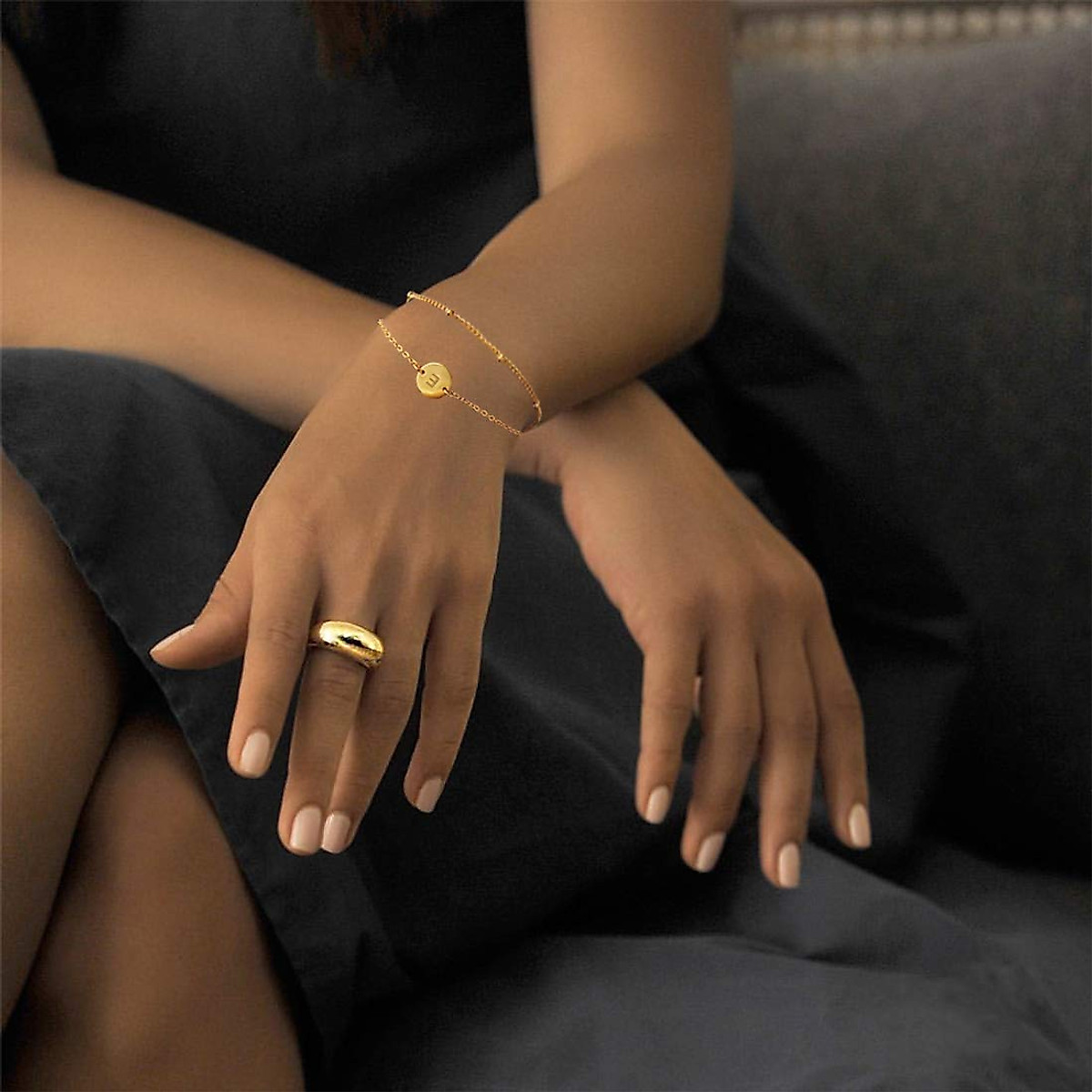 Glimmerst Initial Bracelet for Women 18K Gold Plated Stainless Steel Layered Coin Letter C Bracelet Beaded Chain Personalized Name Bracelet