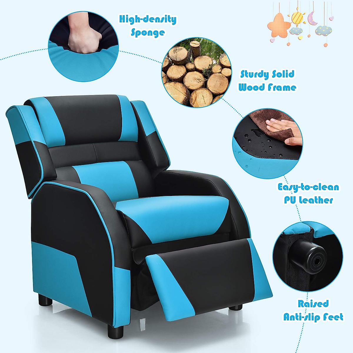 Costzon Kids Recliner, Gaming Recliner Chair w/Footrest, Headrest & Lumbar Support, Ergonomic Leather Lounge Chair for Living & Gaming Room, Adjustable Racing Style Sofa for Children Boys Girls, Blue