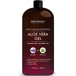 First Botany, Pure Aloe vera gel - with 100% Fresh & Pure Aloe Infused with Lavender Oil - Natural Raw Moisturizer for Face, Skin, Body, Hair. Perfect for Sunburn, Acne, Razor Bumps 16.9 fl oz