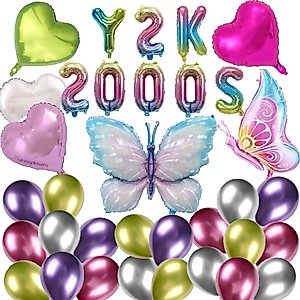 Y2k Party Balloons Decorations 2000s Party Supplies Y2k 2000s Banner Butterfly Radio Ice Skates Heart Foil Balloon Metallic Latex Balloons for Teen Girls Women Y2k Party Favor (Gradient color)