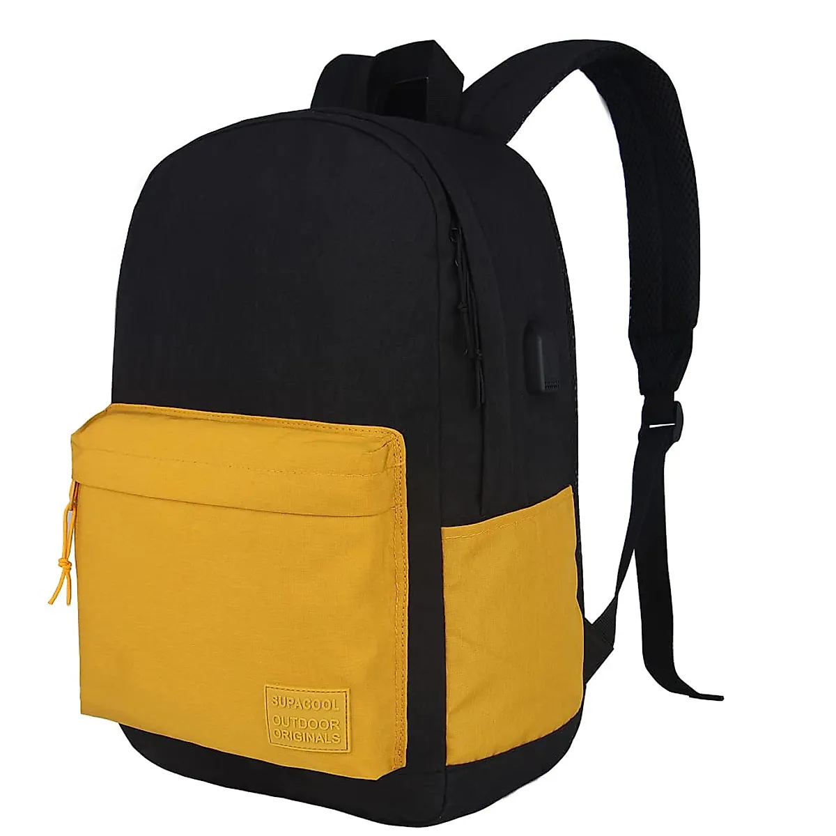 SUPACOOL Lightweight Casual Laptop Backpack with USB Charging Port For for Men and Women, Backpack for College (Full black and yellow)