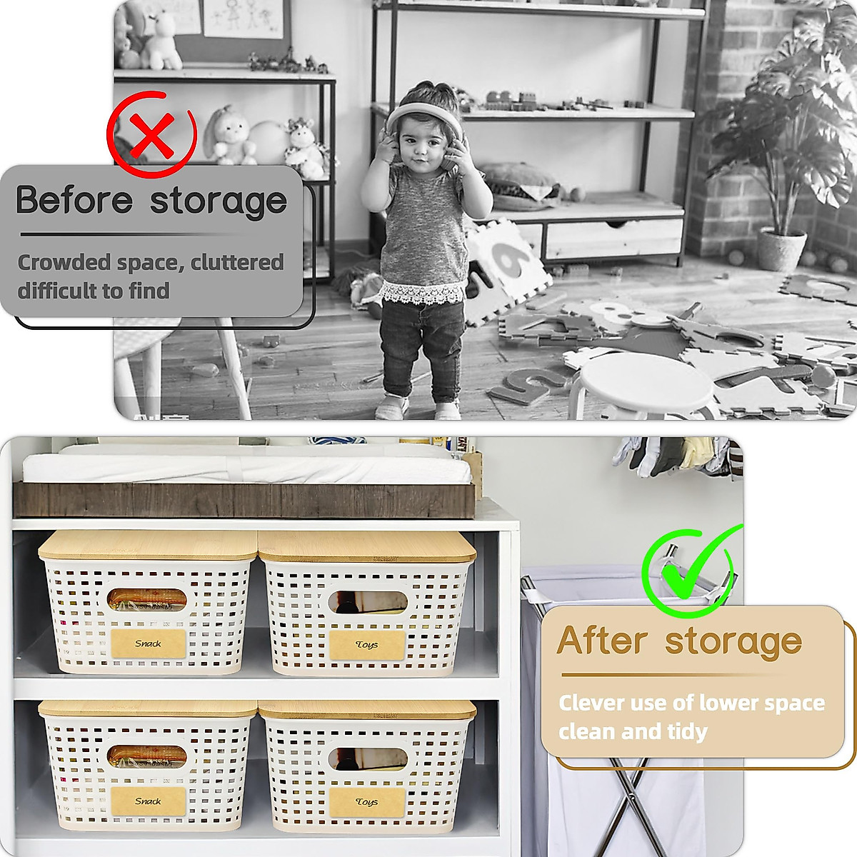 MOSANEE Small Plastic Storage Bins with Bamboo Lids 6 Packs,Decorative Storage Containers,Stackable Baskets for Organizing with Cute Label for Shelves Cabinets Pantry Playroom Office Home,Cream White