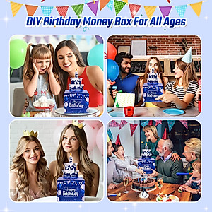 TOYEISHI Birthday Money Pull Box for Cash Gift with DIY Self-Adhesive Stickers for Any Age, Happy Birthday Money Box for Cash Gift Pull Out Cake Card and 100Pcs Bags, Birthday Party Decor Ideas-Blue