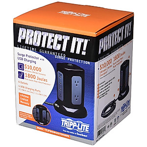 Tripp Lite Surge Protector Tower 6-Outlet 3X USB-A 1x USB C 8ft Cord Black (TLP606UCTOWER)