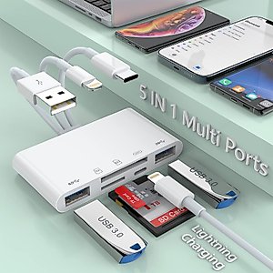 Multi 5-in-1 Lightning+Type C+USB A Card Reader for iPhone/iPad/Android/Mac Book/Computer/Tablet/Camera/Hard Disk/Flash Drive,OTG Memory Adapter for SD/Micro SD/SDHC/SDXC/MMC—MFI