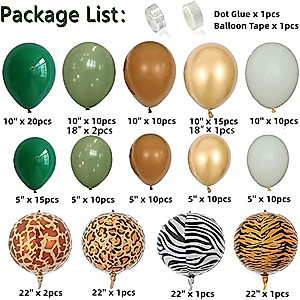 128pcs Safari Jungle Balloon Garland Arch Kit- Sage Green and Brown Balloons with Animal Print for Wild One Tropical Theme Party Supplies Olive for Boy First Bithday Baby Shower Wedding Graduation Gold White Decorations (Safari Balloons Set)