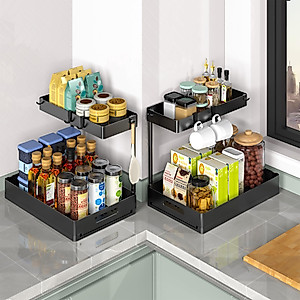 JWQ Under Sink Organizer 2 Pack, Pull Out L-Shaped Bathroom Kitchen Sink Organizers and Storage, Versatile 2 Tier Under Sink Cabinet Drawer Shelf, Bathroom Accessories and Kitchen Essentials, Black