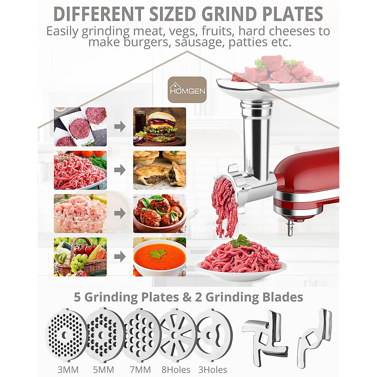 Meat Grinder Attachment for Kitchenaid, HOMGEN Professional Food Meat Grinder Attachment for Kitchenaid Durable Sausage Stuffer for kitchenaid Standmixers With Complete Accessories to Enjoy Cooking