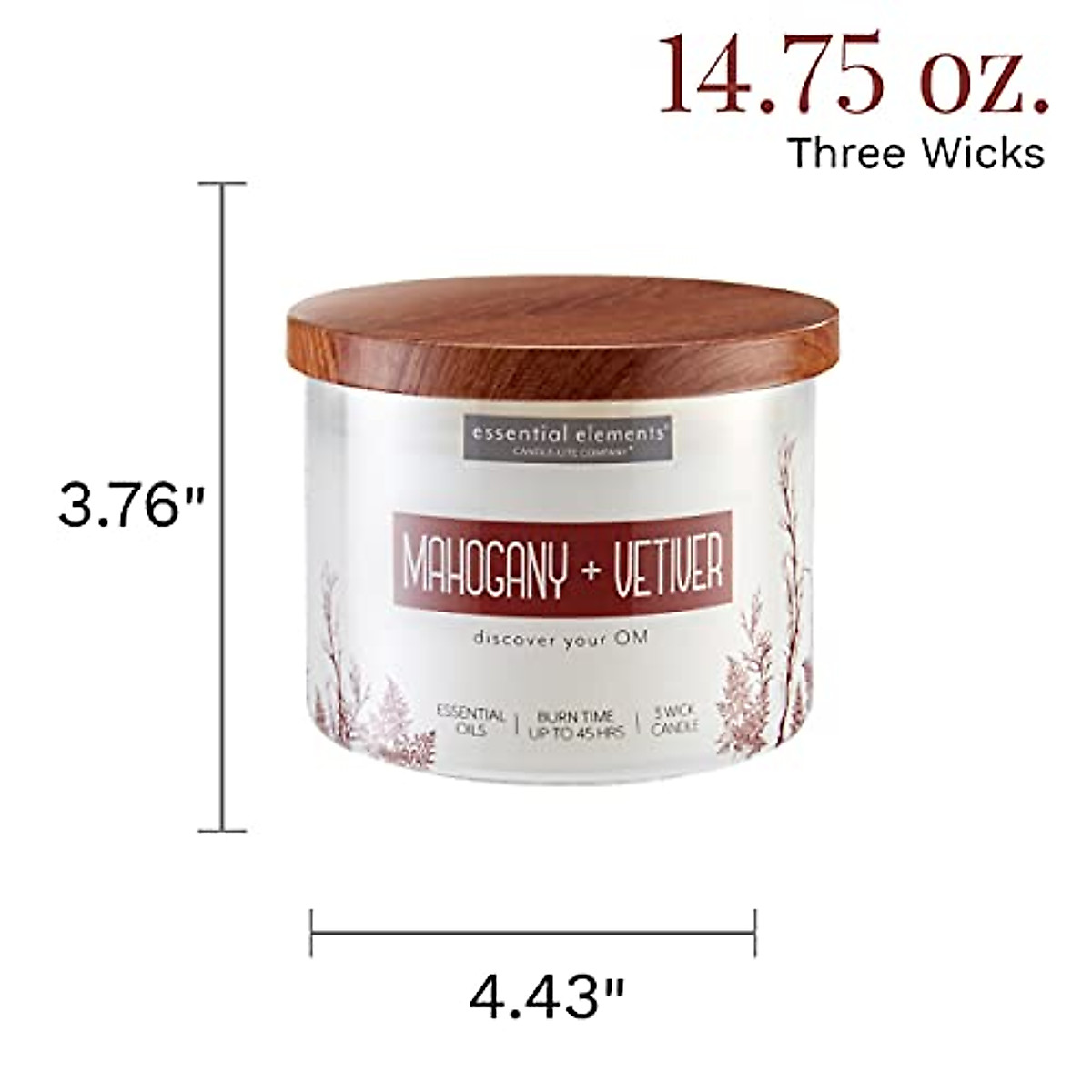 Essential Elements by Candle-lite Scented Candles, Mahogany & Vetiver Leaf Fragrance, One 14.75 oz. Three-Wick Aromatherapy Candle with 45 Hours of Burn Time, Off-White Color