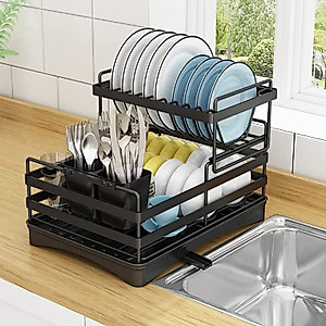T & B Home Large Dish Drying Rack - Two Tier Kitchen Counter Dish Rack with Drainboard, Includes Swivel Spout and Utensil Holder, Space Saving Large Dish Drainer, Black