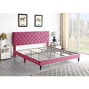 King Upholstered Platform Bed Frame with 48" Tall Adjustable Headboard - Button Tufted Suede Velour Bed- Wood Slat Support with Storage Space - No Box Spring Needed - Pink - OLIVER & SMITH - Princeton