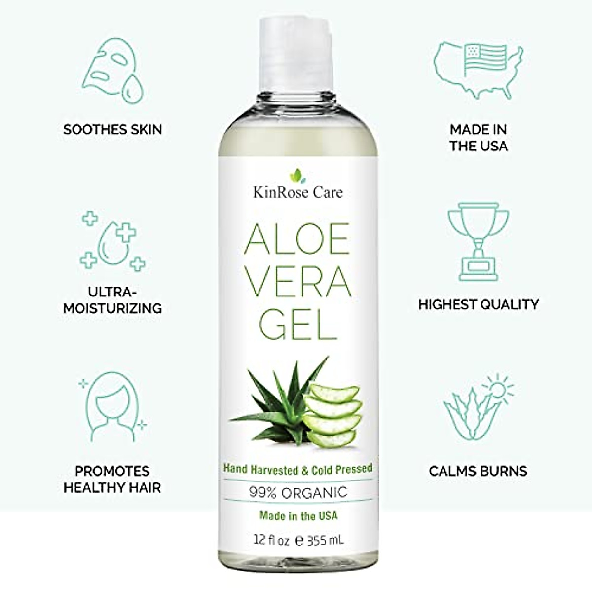 KinRose Care, 12oz Organic Aloe Vera Gel for Face, Skin, Hair & Sunburn Relief - From 100 Percent Pure Aloe Vera - Cold Pressed, Vegan, Unscented - Made in USA.