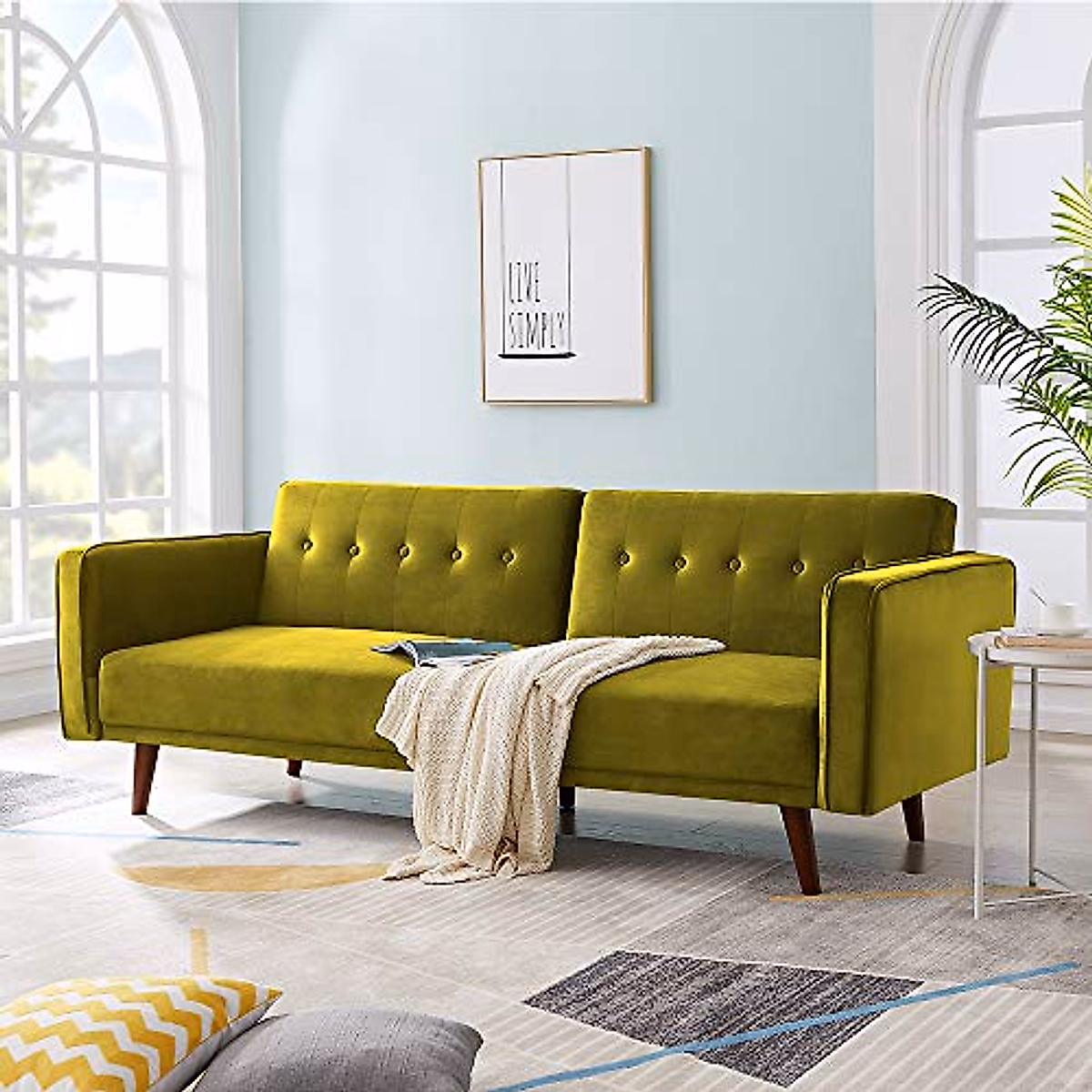Hbaid 85.43" Velvet Sofa Bed, Convertible Sleeper Sofa with Tapered Wood Legs and Armrest, Modern Loveseat Couches for Living Room, Bedroom, Mustard