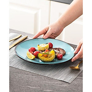 HENXFEN LEAD Dinner Plates Set of 4, Large Serving Dishes 10 Inch for Steak, Salad, Pasta - Stoneware Dinnerware Sets Dishwasher, Microwave, Oven Safe, Aqua