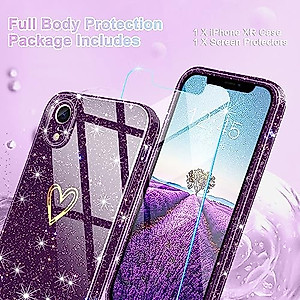 Qviskteme for iPhone XR Case Cute,Clear Glitter with [1 x Tempered Glass Screen Protector] Sparkly Bling Shockproof Bumper Protective Soft Silicone Phone Cover Case for Women Girls(Dark Purple)