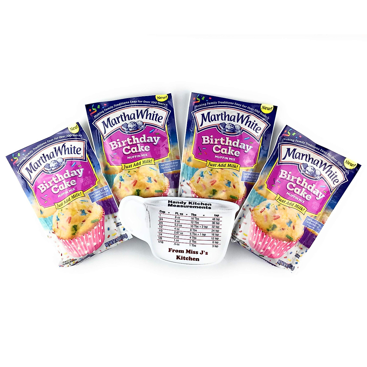 Generic Martha White Birthday Cake Muffin Mix 7.4 Oz (4 Bags) with Miss J’s Handy Kitchen Measurements Chart for Refrigerator-Bundle of 5